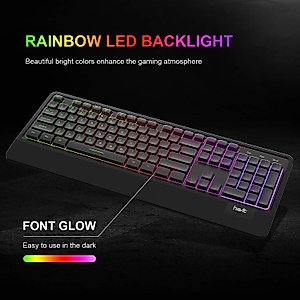 havit Wired LED Keyboard, Rainbow Backlit Computer Keyboard Ergonomic LED Gaming Keyboards Wrist Rest 104 Keys for Office PC Desktop Laptop Game Black