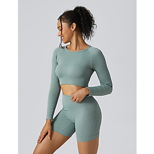 Buttergene Women Workout Sets 2 Pieces Long Sleeve Yoga Outfits Gym Clothes Seamless Ribbed Crop Top High Waist Leggings