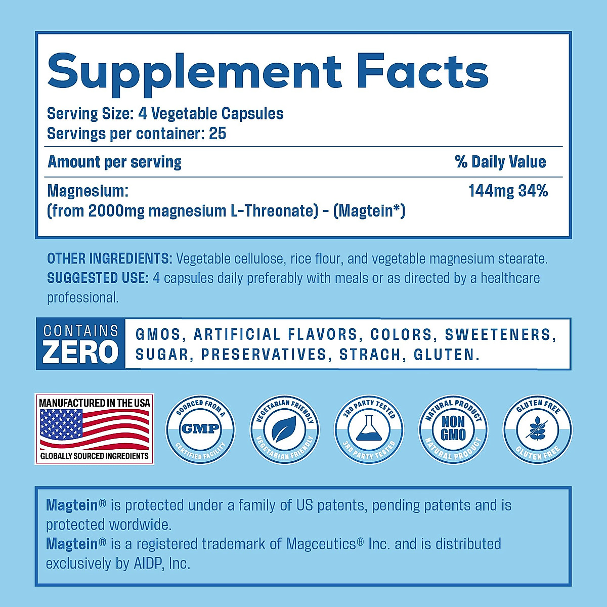 Magnesium L Threonate (Original Magtein Formula) - 2000 mg 100 Vegan Capsules Non-GMO Highly Absorptive Pure Supplement A Vitamin for Cognition Pills are Without Laxative Properties