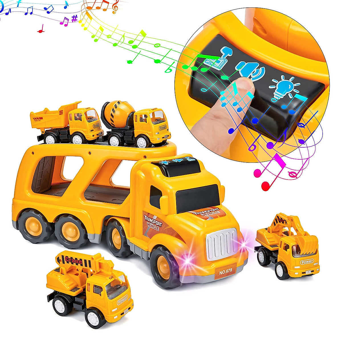 Kids Construction Trucks Toys for 3 4 5 6 Years Old Toddlers Kids, Car Toys Set with Sound and Light, Toy Vehicles in Friction Powered Carrier Truck, Christmas Birthday Gifts for Boys and Girls