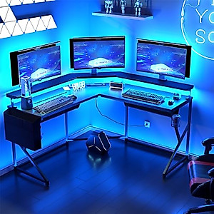Fangflower L Shaped Computer LED Lights and Power Outlets, 51" Monitor Stand, Cup Holder, Corner Gaming Desk with Hooks for Home Office, Black