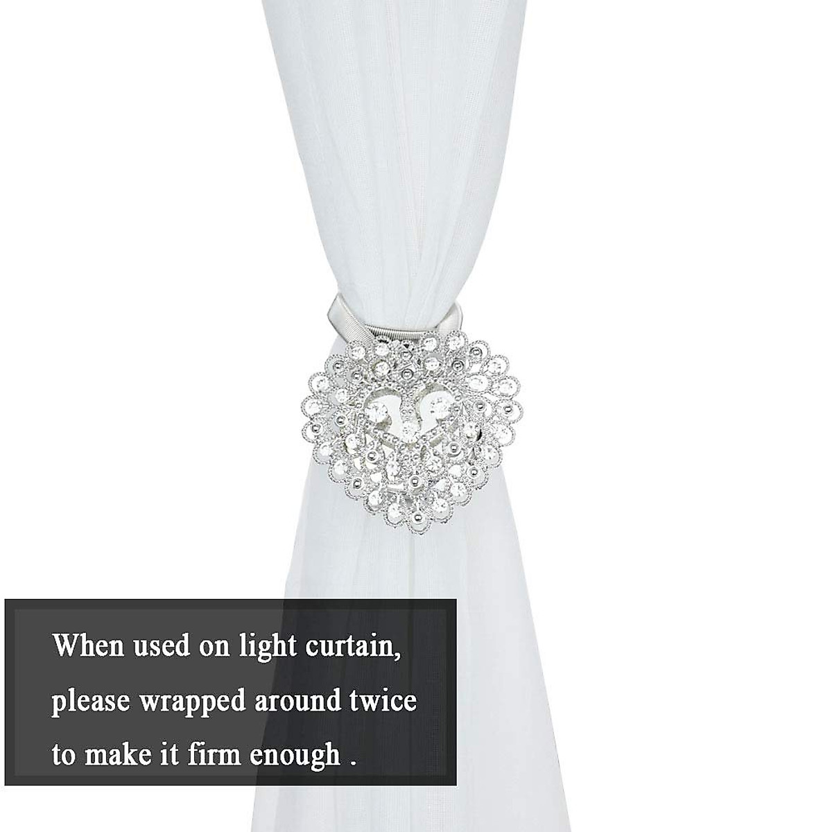 2PCS Magnetic Curtain Tiebacks Crystal Heart Shape Window Curtain Holdbacks Buckles Tie Backs Holders with Stretchable Wire Rope for Home and Office Decoration,Silver