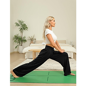 UEU Womens Wide Leg Pants Casual Loose Yoga Lounge Elastic V-Shaped High Waist Palazzo Pants with Pockets, Black, Small