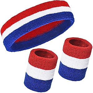 12 Pcs Striped Sweatbands Includes 4 Pcs Gay Pride Striped Headband 8 Pcs Rainbow Wristbands Sweatbands for Men Women Terry Cloth Gym LGBT Pride Parade Sports Supplies (Red White and Blue)