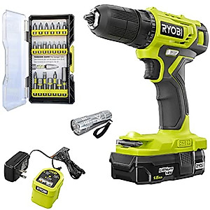 Ryobi Drill Kit Bundle, 18-Volt ONE+ Cordless 3/8 in. Drill/Driver with 1.5 Ah Battery, Charger, Drill bit set, and Buho Flashlight