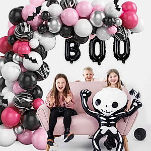 Pink Black Halloween Balloon Garland, 125pcs Matte Black Pink White Metallic Silver Rose Red Balloons for Halloween Themed Party Kids Halloween Girl Birthday Haunted House Decorations
