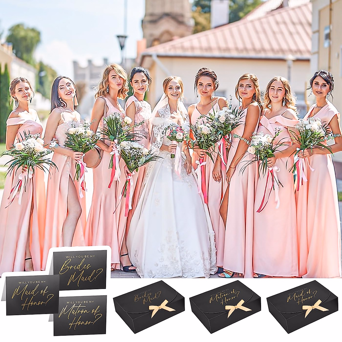 WLUSEAXI 16 Pieces Bridesmaid Proposal Box Set, 8 Pack Bridesmaid Boxes & Cards, Matron of Honor Proposal Gift Box, Maid of Honor Box, Will You be My Bridesmaid Box for Bridesmaids Gifts (Black)