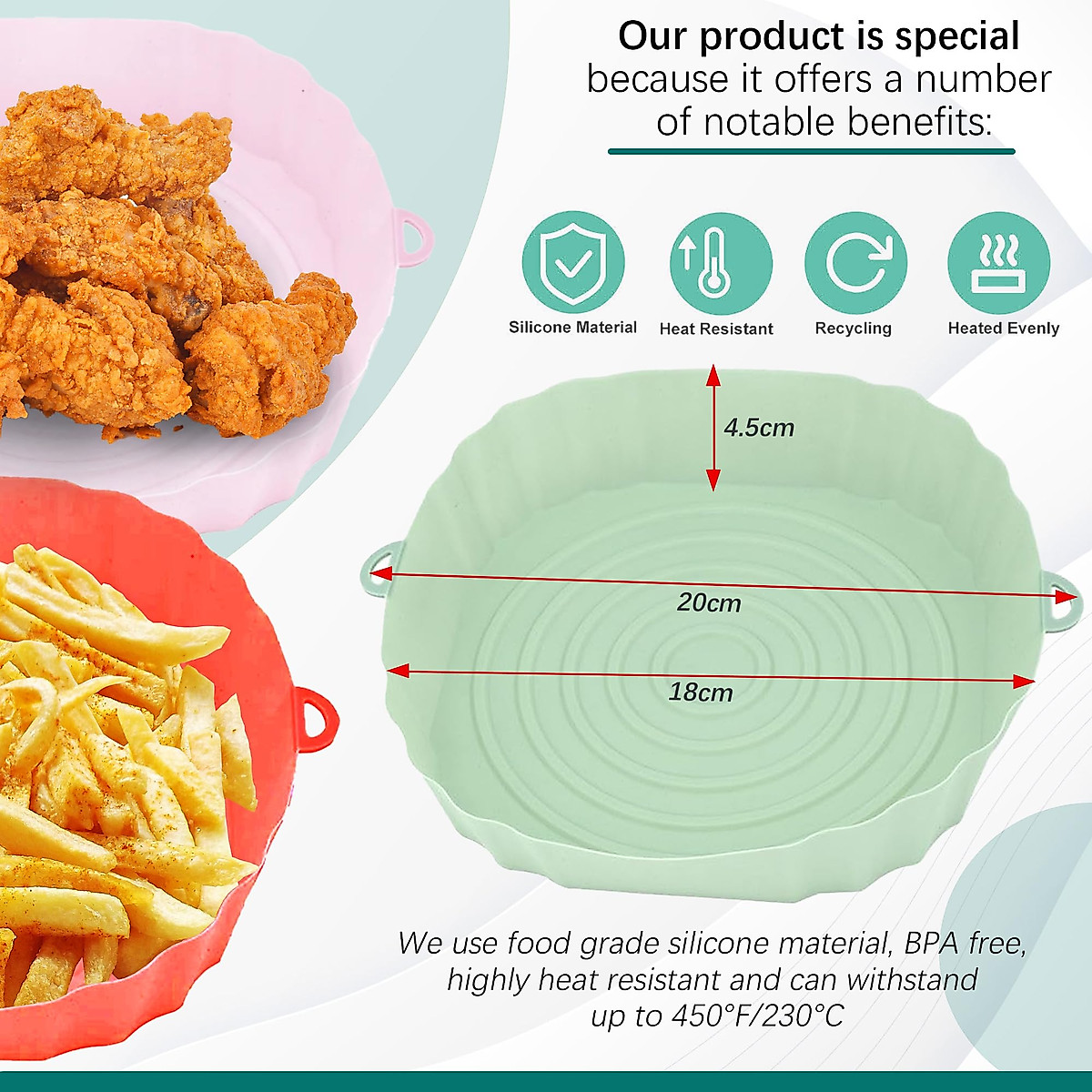 Silicone Air Fryer Accessories Pack of 3(Green, Pink, Red) Liner Basket Air Fryer Silicone Pot Tray, Reusable Air Fryer Silicone Basket Heat Resistant Easy Cleaning, Oven Baking Tray