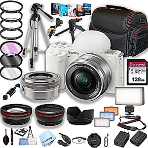Sony ZV-E10 (White) Mirrorless Camera with 16-50mm Lens + 128GB Memory + LED Video Light + Case+ Steady Grip Pod + Tripod + Filters + Lenses + Software + More (42pc Bundle)
