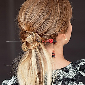 Waydress 4 Pcs Retro Geisha Red Wooden Hairpins Japanese Hair Stick Asian Hair Chopsticks Handmade Flower Tassel Hair Accessories with Tassel for Women Girl Long Hair (Classic Style)