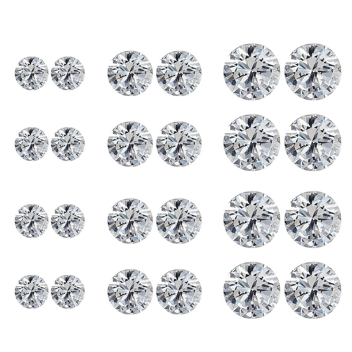 Parts Express 12 Pair Silver Alloy Diamond Magnetic Stud Earrings for Unisex No Hole Piercing 3Sizes 4MM,6MM,7MM
