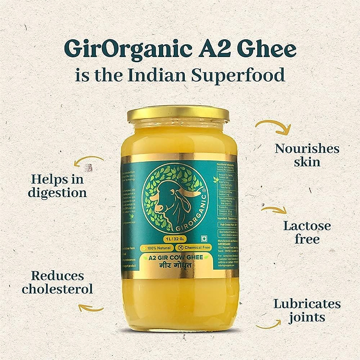 GirOrganic Grass Fed A2 Ghee| Clarified Butter (32 Oz) - Unsalted Gir Cow Ghee Butter - Organic Ghee Oil - Pasture Raised, Lactose-Free 32 Oz