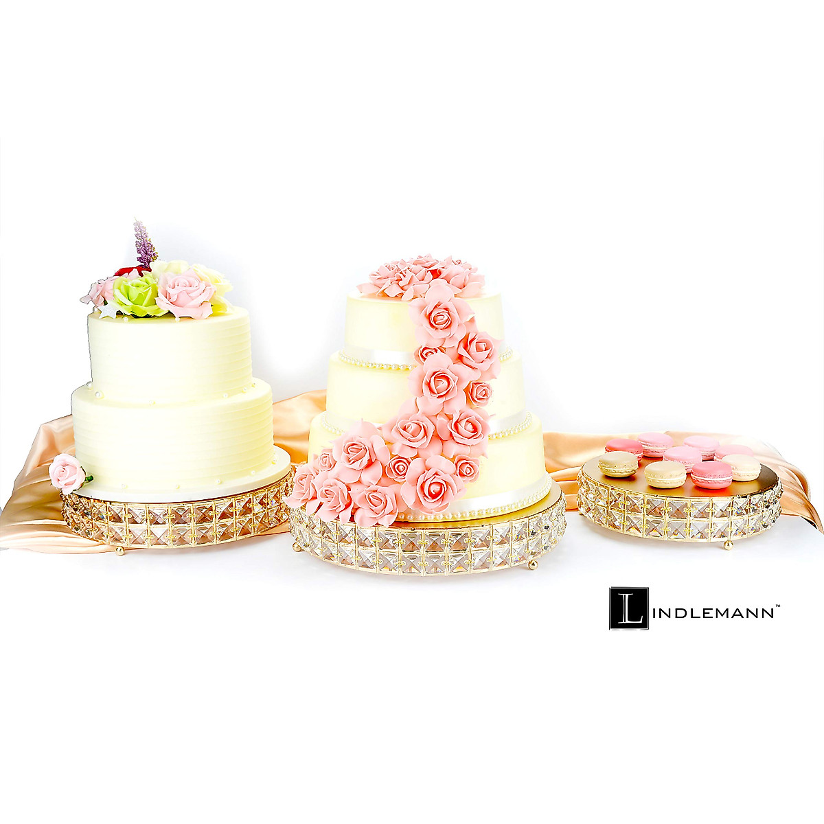 LINDLEMANN-Shiny Cake Stand-Decorative Metal Cake Holder with Spatula-Round Cake Stand-Genuine Mineral Crystals-Set of 3 Serving Plate Display- Mothers' & Easter Day Gift Tray-Gold (10 + 12 +13.5 in)