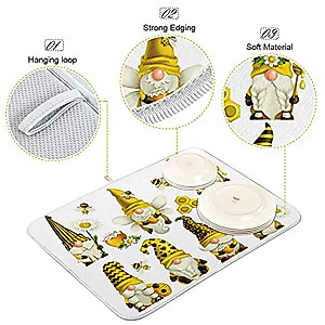 Yellow Gnomes Bee Absorbent Dish Drying Mat Reversible 16"x18",Summer Honey Sweet Drying Pad Protector for Kitchen Counter Sinks Dining Table