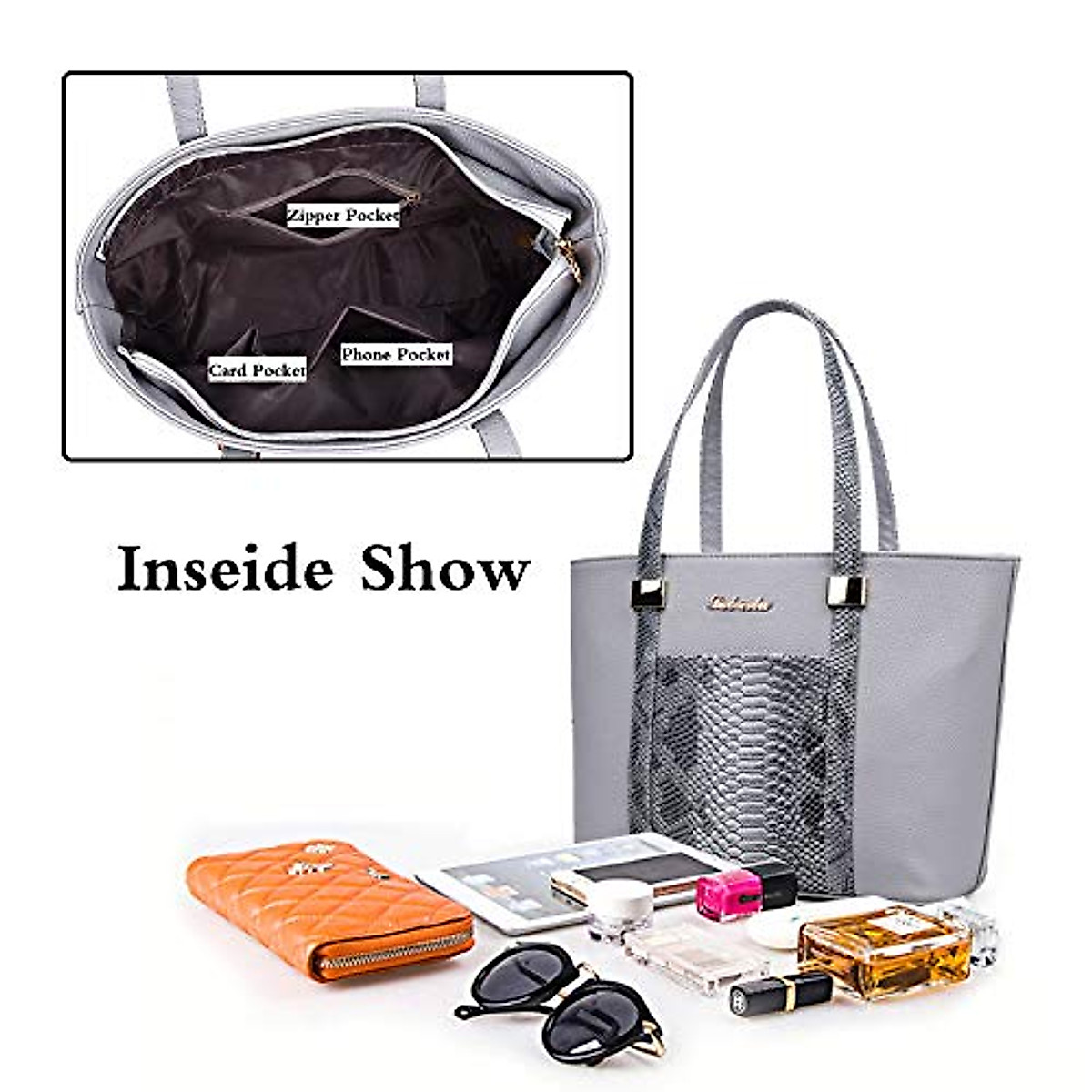 Rullar Women 6 Pcs Bag Set Stitching Handbag and Purse PU Top-handle Bag Tote Clutch Wallet Card Holder Rose