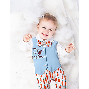 Aulyffo My First Easter Baby Boy Outfit 9-12 Months Baby Boy Easter Outfit Long Sleeve Bunny Romper Radish One Piece Jumpsuit with Bow Tie Easter Outfit Baby Boy Clothes