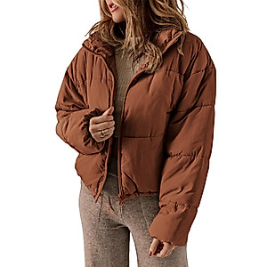 Dokotoo Women's Winter Bomber Puffer Jacket with Zipper, Drawstring Hem, and Pockets - Medium Orange