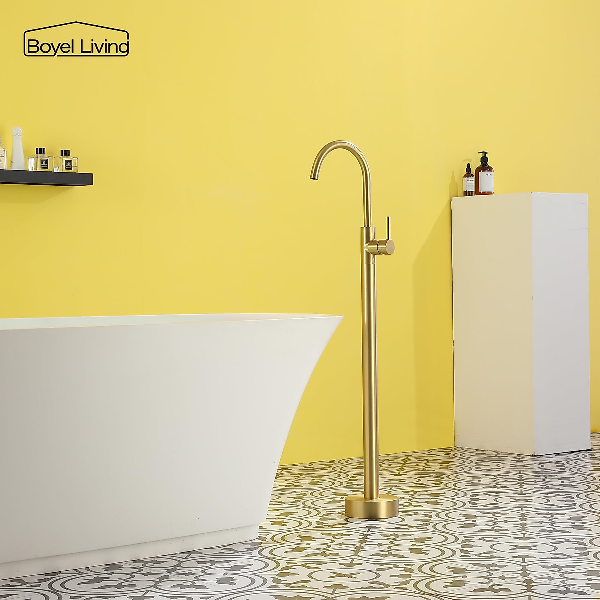 Premium Freestanding Bathtub Filler Faucet Brushed Gold Single Handle Bath Tub Faucet Solid Brass Tub Filler Facuet for Bathtub