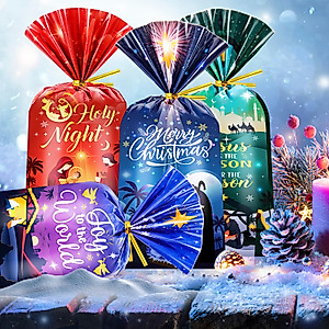 HOWAF 100PCS Holy Nativity Cellophane Gift Bag, Religious Christmas Plastic Goodie Bags for Christian Xmas Holiday Party Supplies, O Holy Night Treat Bags Nativity Scene Candy Bags with Ties