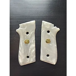 BMPL New Grips Compatible with Taurus Pt-92, Pt-99, Pt100, Pt101 Decocker, Smooth White Pearl Resin Polyester,Gold Medallion, Thai Handmade
