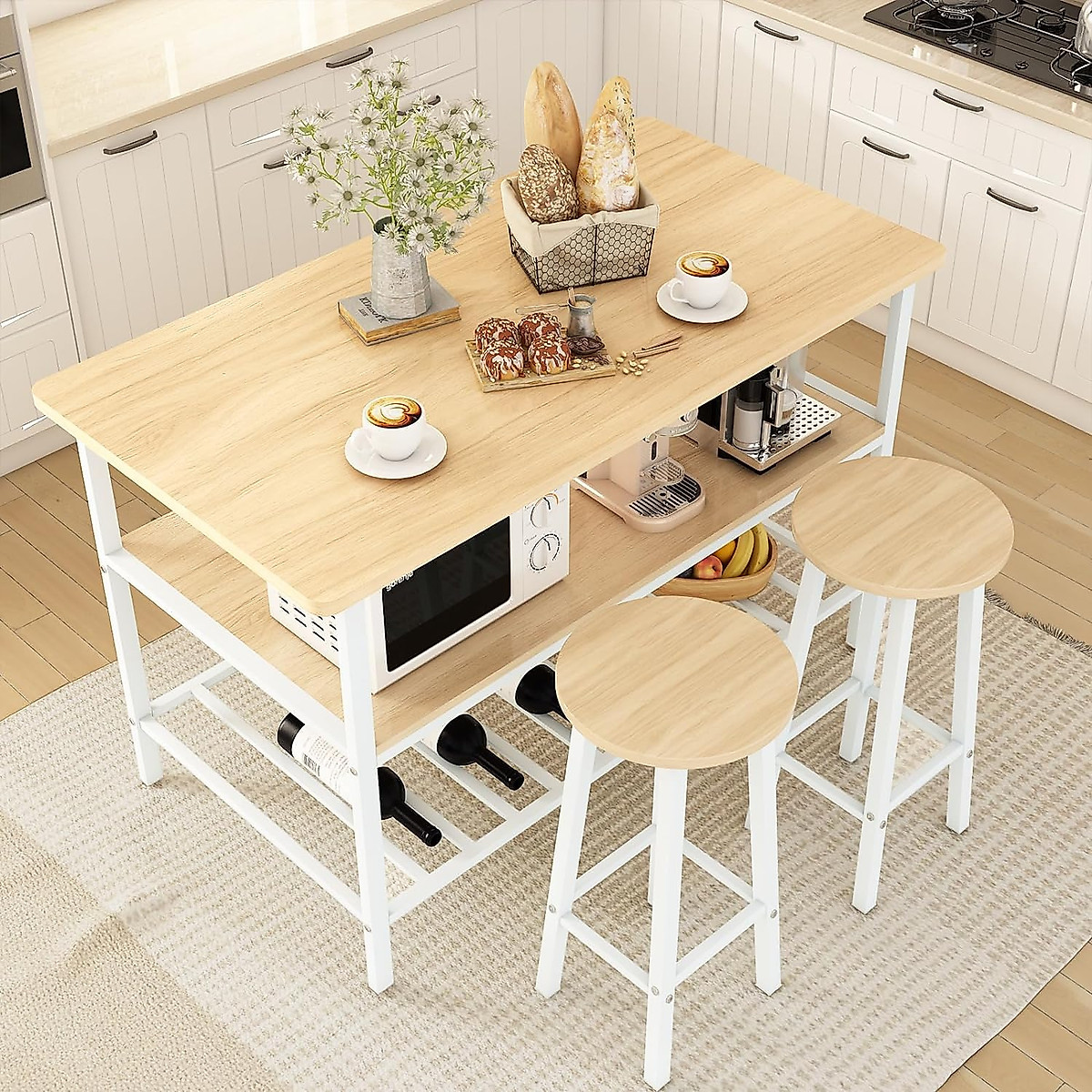 AWQM Island Table with Seating and Storage, Beige, 3 Shelves, Wooden Counter Height Table Top, 2-piece Bar Table Set for Small Space