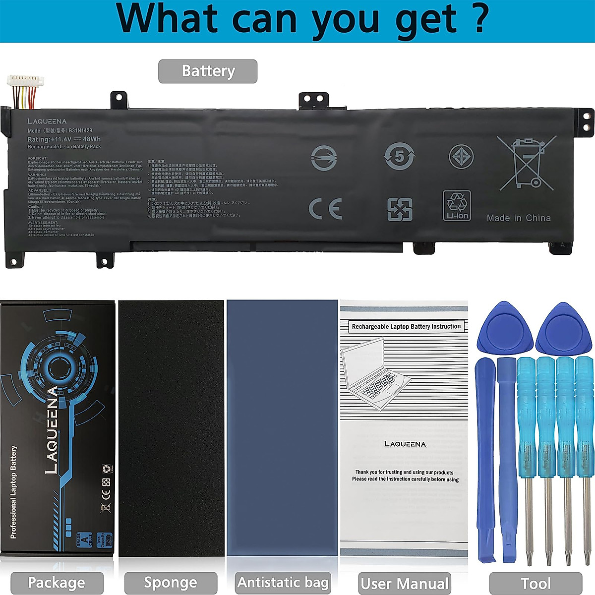 LAQUEENA B31N1429 Laptop Replacement Battery for ASUS A501LB5200 K501LB K501LX K501LX-NH52 K501UW K501U K501UB K501UX K501UX-AH71 0B200-01460100 11.4V 48WH/4240MAH 3-Cell