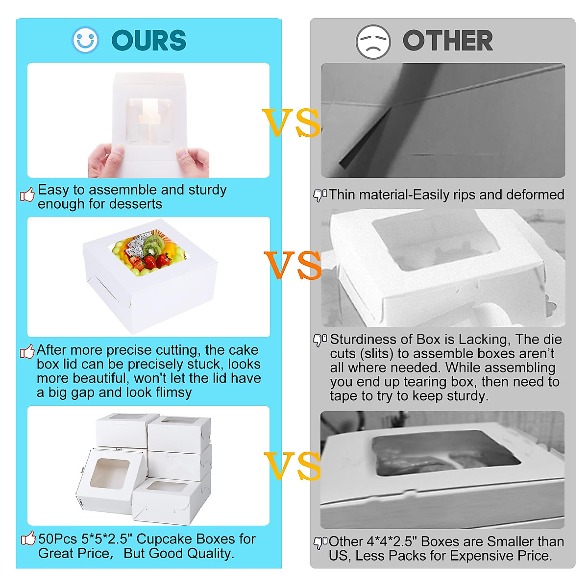 Zzrywuty 50 Packs 5x5x2.5in White Cookie Boxes, Bakery Boxes with Window, Mini Cake Boxes, Cupcake Container Boxes for Cookies, Pastry, Pie, Strawberries, Donuts, Candy, Desserts, Small Cake