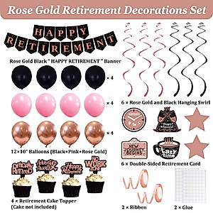 Retirement Party Decorations Women, Rose Gold Black Happy Retirement Decorations Female, Happy Retirement Banner, Retired Backdrop, Balloons, Pompom, Hanging Swirl, Retirement Card, Cake Topper 54pcs