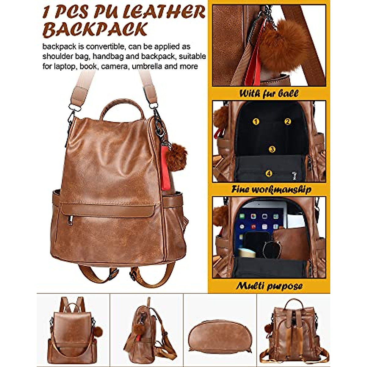 3 Pcs PU Leather Backpack Purse for Women Crossbody Purse Set Women's Crossbody Handbags Soft College Casual Shoulder Bag for Ladies Travel, Brown