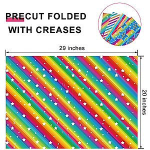 PlandRichW Rainbow Wrapping Paper Folded for Kids Boys Girls Birthday with Rainbow Star Stripe Line Happy Birthday 4 Designs for Baby Shower, Party, Precut 12 Sheets Each 20"x29"