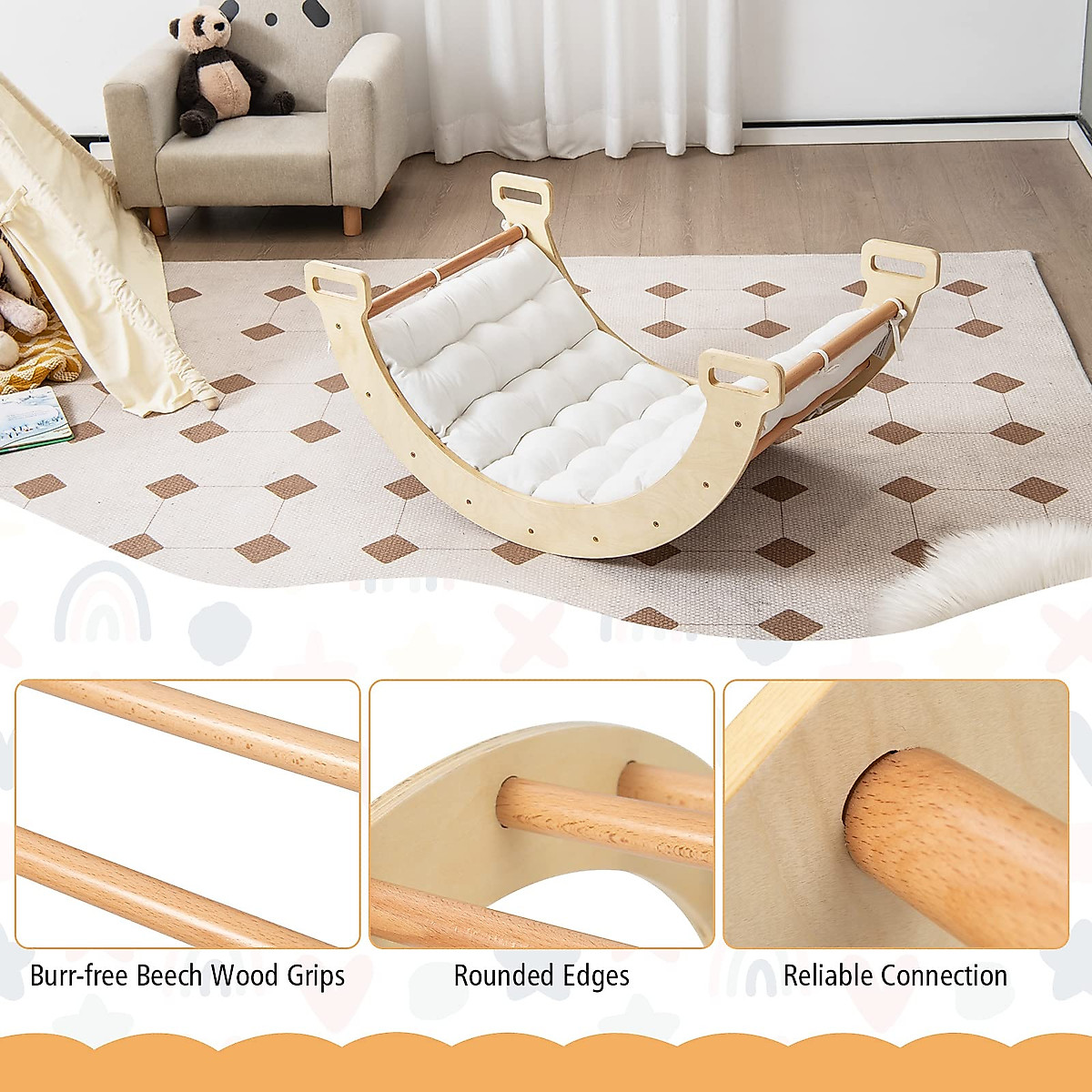 HONEY JOY Wooden Ladder Arch for Climbing, 3-in-1 Kids Climber Ladder & Rocker Board w/Cushion Pad, Triangle Climber for Playground, Gym & Daycare, Climbing Toy for Toddlers Boys Girls (Natural)