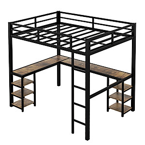 Hlcodca Full Size Loft Bed with Desk, Metal Loft Bed Frame with Storage Shelves, Heavy-Duty Kids Loft Beds with Ladder & L-Shape Desk for Boys Girls Teens