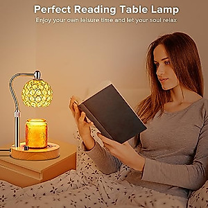 Candle Warmer Lamp with Timer 2H/4H/6H, Height & Heat Adjustable Lamp Candle Warmer, Electric Candle Warmer with Oak Base and 2 * 50W Bulbs, Wax Warmer for Scented Wax(Champagne)