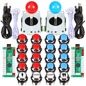 Fosiya 2 Player Arcade Joystick LED Chrome Buttons for PC Arcade Gamepads & Standard Controllers DIY Games MAME Kit (Chrome Red & Blue Buttons)