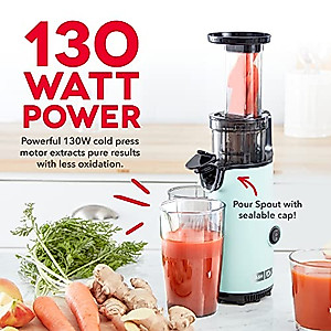 DASH Deluxe Compact Masticating Slow Juicer, Easy to Clean Cold Press Juicer with Brush, Pulp Measuring Cup, Frozen Attachment and Juice Recipe Guide - Aqua