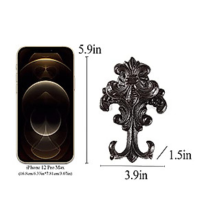 BRASSTAR Cast Iron 2 Wall Hooks/Hangers - Decorative Wall Mounted Coat Hook Rustic with Double Row of Carve Patterns Indoor Outdoor Decoration PTZY224