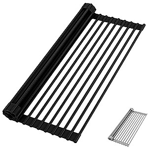 HANZENMA Roll Up Dish Drying Rack Over The Sink Kitchen Roll Up Sink Drying Rack Multipurpose Foldable Sink Drying Mat, Heat-Resistant, Anti-Slip & Anti-Rust Dish Rack for Kitchen, 20.5" x 13", Black