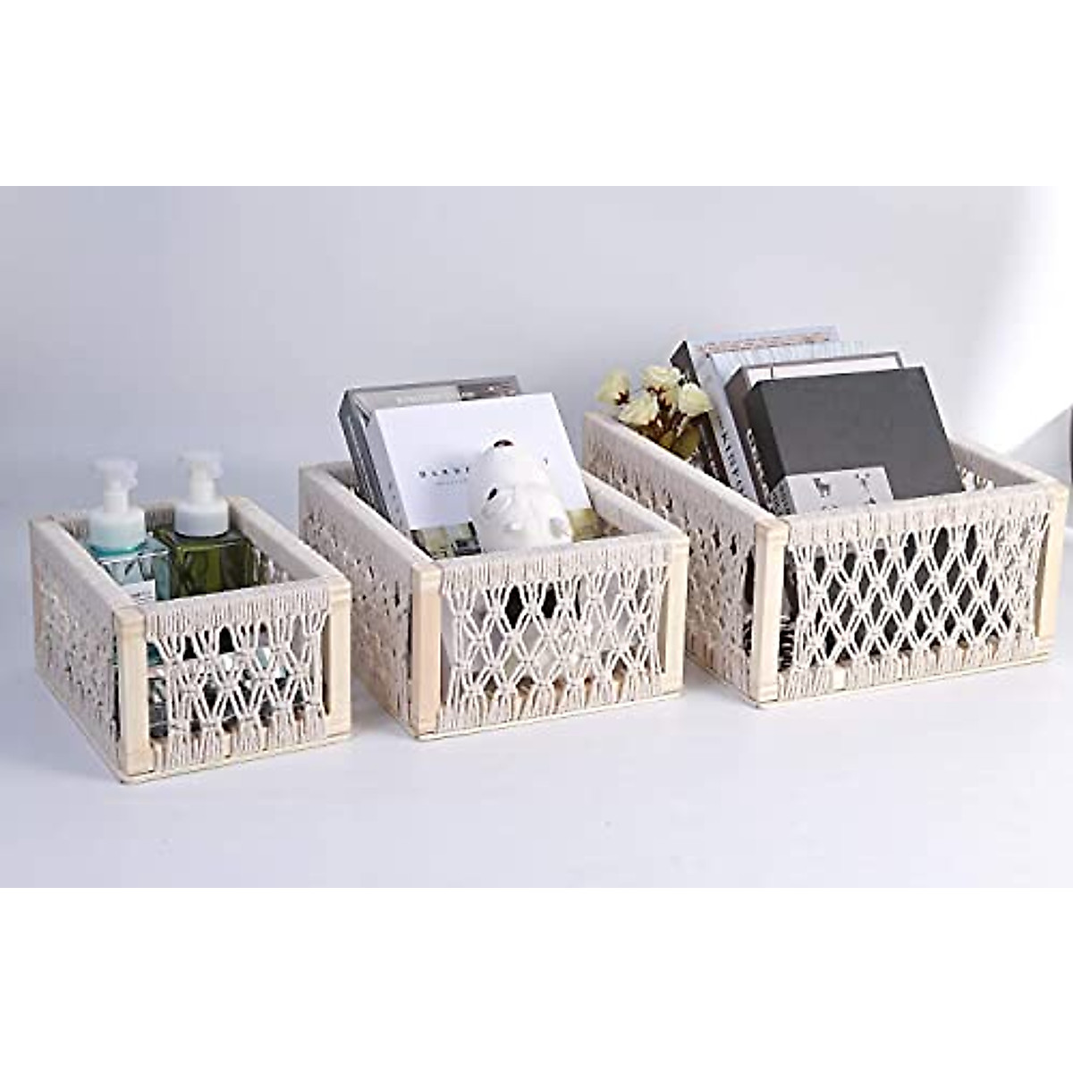 Macrame Storage Baskets for Shelves and Closet, Boho Decorative Boxes for Home Decor, Perfect Pampas Grass Holder at Living Room(White, Set of 3)