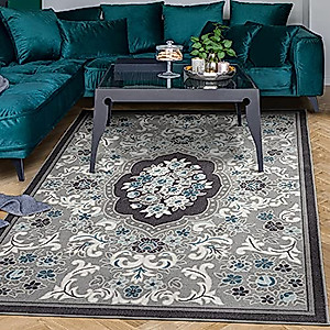 Antep Rugs Alfombras Non-Skid (Non-Slip) 5x7 Rubber Backing Modern Floral Low Profile Pile Indoor Area Rugs (Gray, 5' x 7')