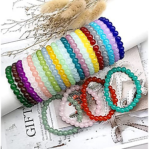 FIRAZIO 24Pcs 8mm Beaded Stretch Bracelet Handmade Glass Bracelet for Women Men Colorful Crystal Beads Bracelet Elastic Round Bead Bracelets Jewelry