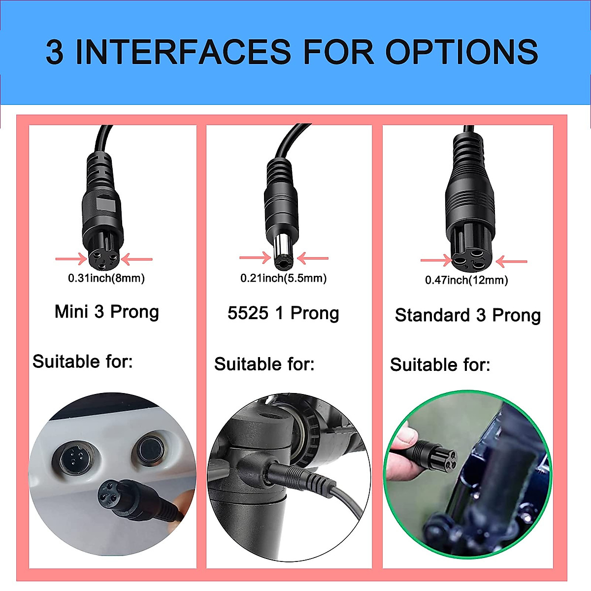 29.4V 2A Battery Charger 3 Plugs Universal Replacement with 5.5mm 1-Prong DC Plug and 8mm & 12mm 3-Prong Connectors
