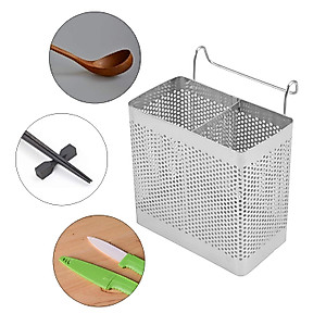Cutlery Holder, Stainless Steel Drying with Hooks Square Storage Stand Holder for Spoon Case Organizerzer Sink Basket, Kitchen Utensils Chopsticks fork Holder Drying Rack Basket (two Compartments)