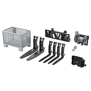 Bruder Toys - Construction Realistic Attachments and Accessories for Frontloader Vehicle Including a Basket Pallet, Winch, and Forks - Ages 3+