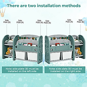 Costzon Kids Toy Storage Organizer, Toddler Bookshelf Cabinet w/ 2-Tier Bookshelf, 2 Shelves, 2 Removable Bins, Children Bookcase Display Book Rack for Kids Room Bedroom Playroom Furniture (Green)