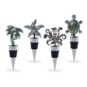 Cheers Sea Turtle, Starfish, Palm Tree, Octopus Metal Wine Stopper Set of 4 – Fun Vacuum Seal Reusable Wine Bottle Stoppers – Airtight Leak Proof Bottle Topper Cork Plug – Home Bar Accessory