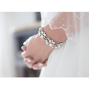 EVER FAITH Austrian Crystal White Simulated Pearl Bridal Prom Floral Leaf Tennis Bracelet