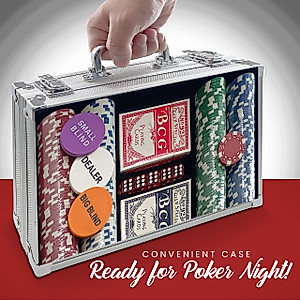 SereneLife Poker Chip Set for Texas Holdem, Blackjack Gambling- 11.5 Gram Casino Chips Set w/Aluminum Case, Playing Cards, Button, Dice- 200 PCS (Grey)