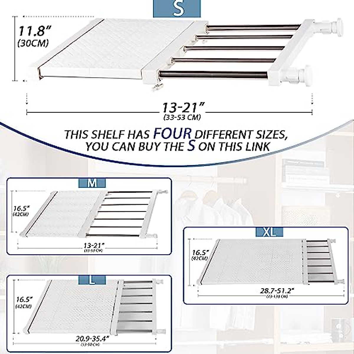 ChoiCARE Closet Tension Shelf & Rod, Adjustable Organizer for Closet, Expandable Closet Tension Shelf Storage Rack for Cabinet Wardrobe Cupboard Kitchen Bedroom ((13-20.9) x 11.8'')