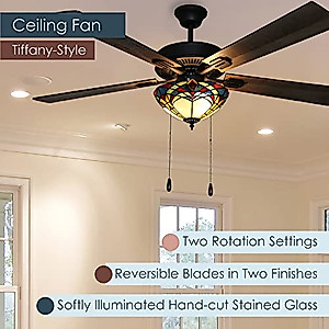RIVER OF GOODS Tiffany-Style Stained Glass Ceiling Fan - 52" L x 52" W - Distressed Light and Dark Brown Fan Blades