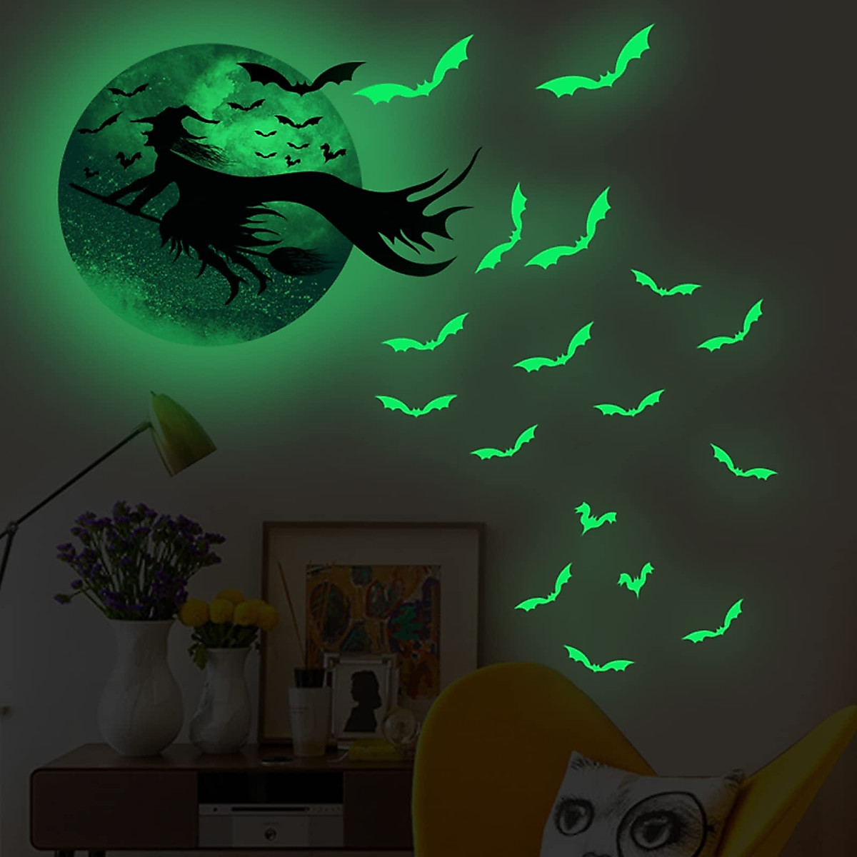 Halloween Decoration Sticker Glow in The Dark Bedroom Decals for Decoration Wall Sticker Visualization Luminous Stickers (Witch/Bats)